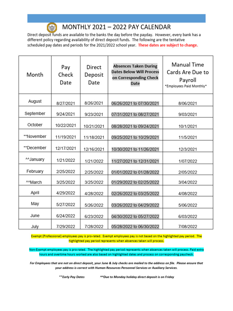 2021-2022 School Year Pay Calendar | PDF | Overtime | Employee Relations