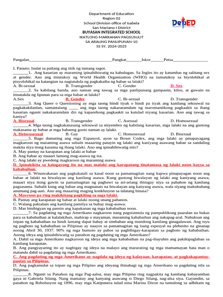 AP Grade-10-Third-Quarter-Test-Contemporary | PDF