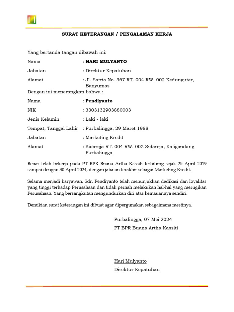 Surat Pengalaman Kerja Pendi | PDF