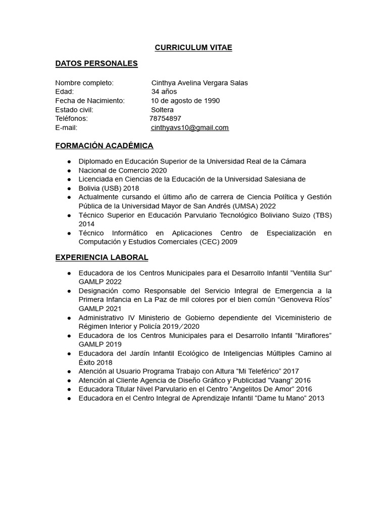 Currículum 2025.docx - Cinthya Vergara Salas | PDF | Educación de la primera infancia