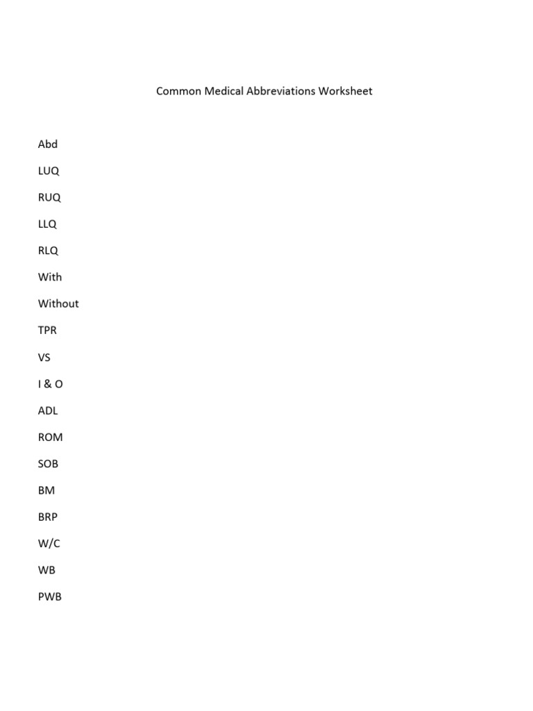 Common Medical Abbreviations Worksheet | PDF