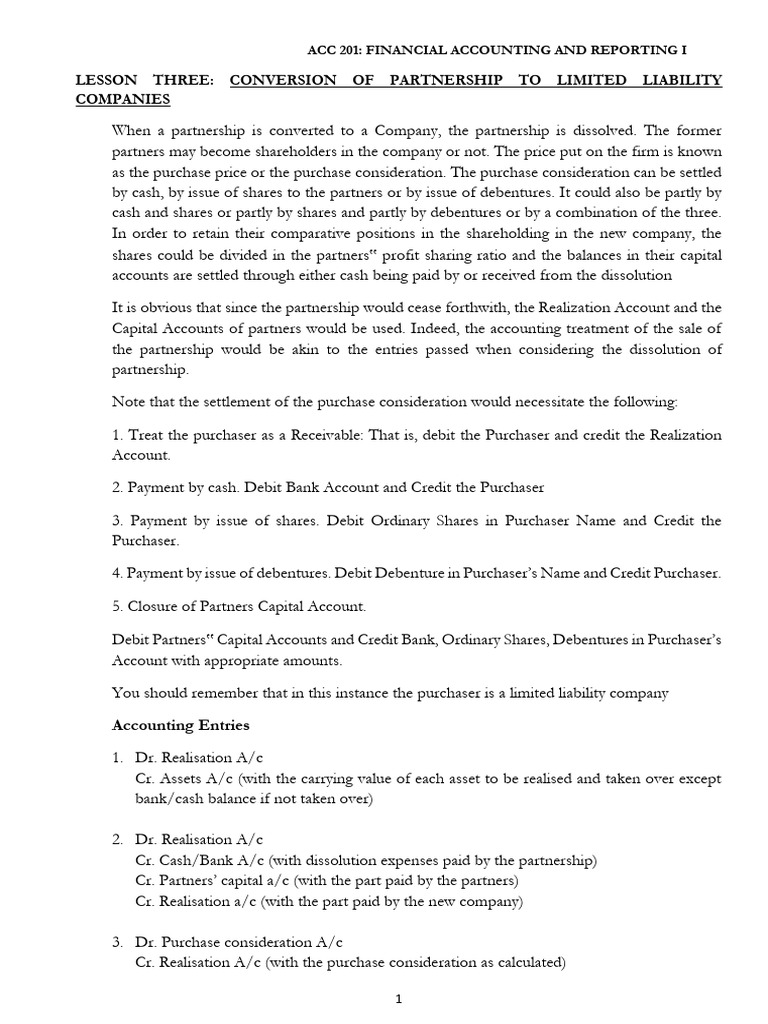 ACC 201 Lesson Three - Conversion of Partnership To Limited Liability ...