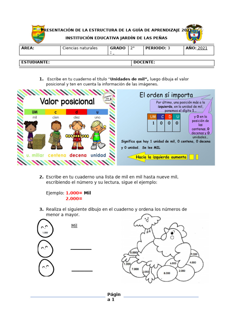 Guia 3P - 2 - Matematicas, Tema Numeros Del 1000 - 5000, Lect, Escr ...