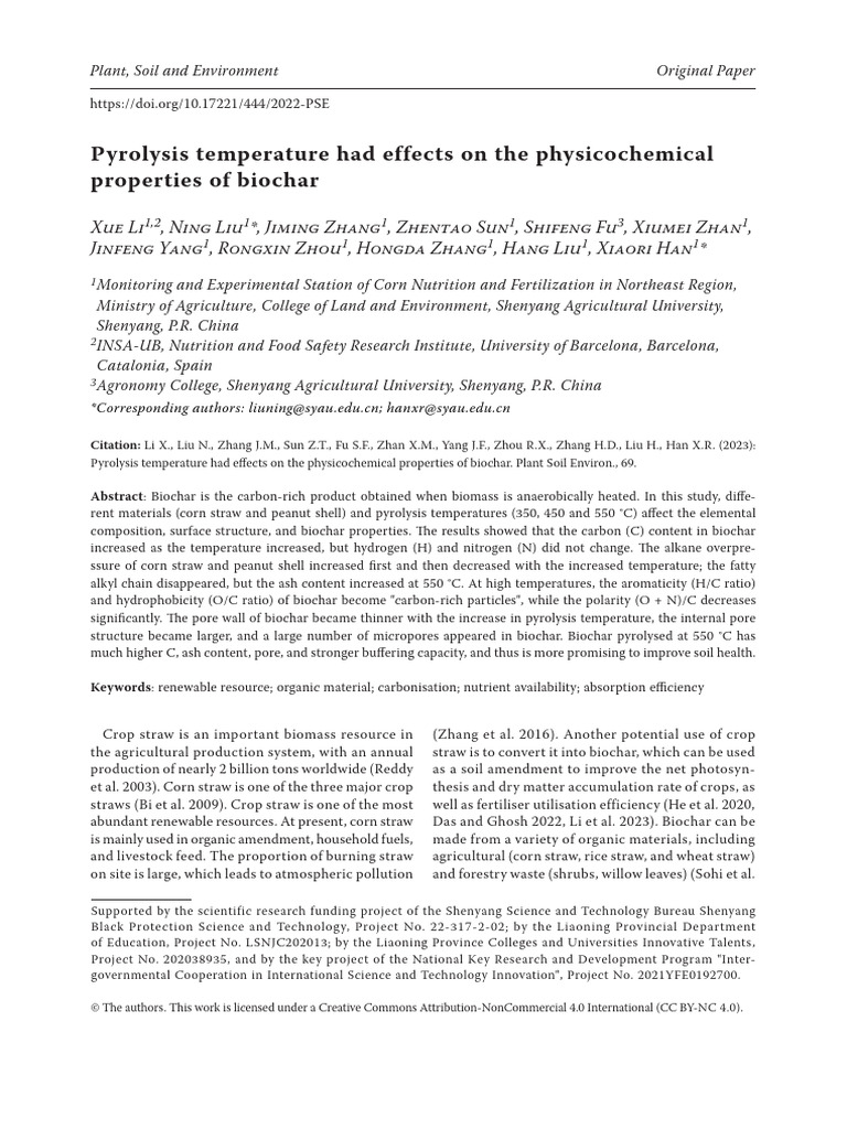 Pyrolysis Temperature Had Effects On The Physicoch | PDF | Pyrolysis | Soil