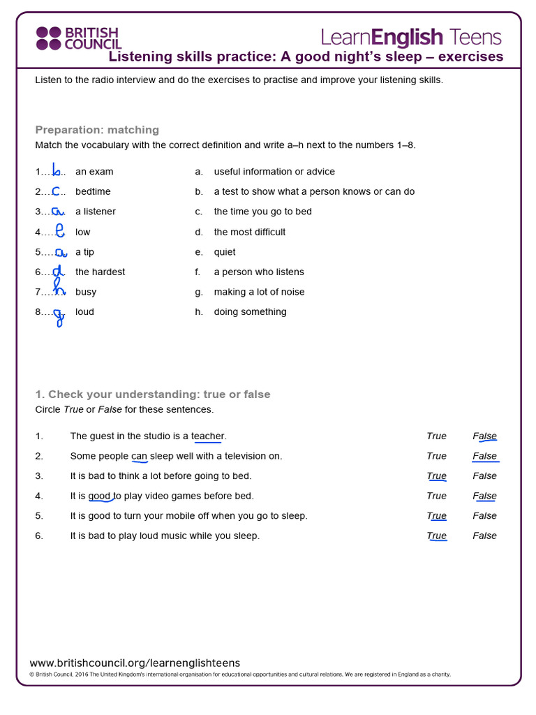 A Good Nights Sleep - Exercises 0 | PDF