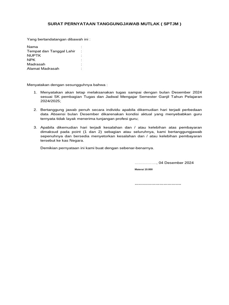 Surat Pernyataan Tanggungjawab Mutlak | PDF