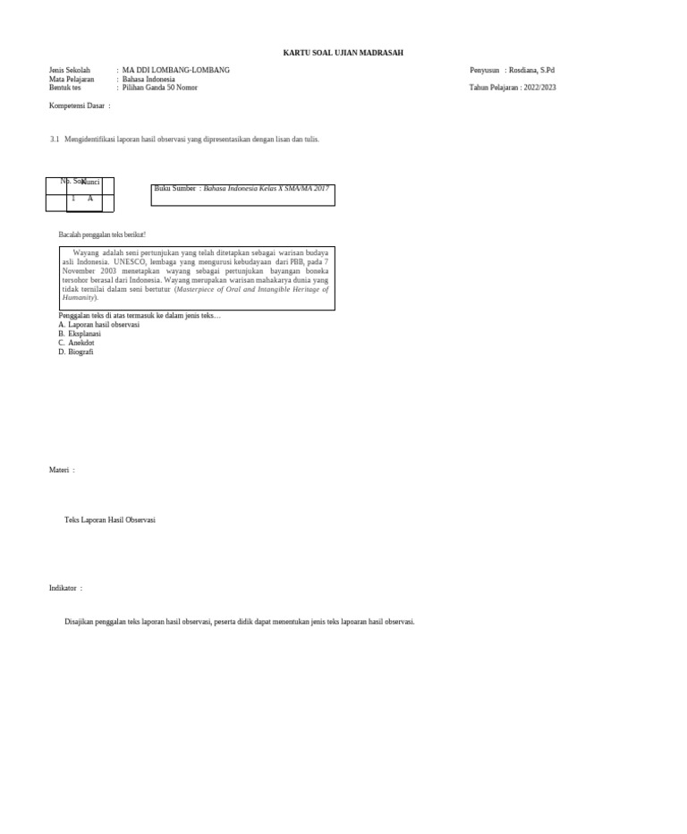 Contoh Kartu Soal PG Am 2023-2024 | PDF
