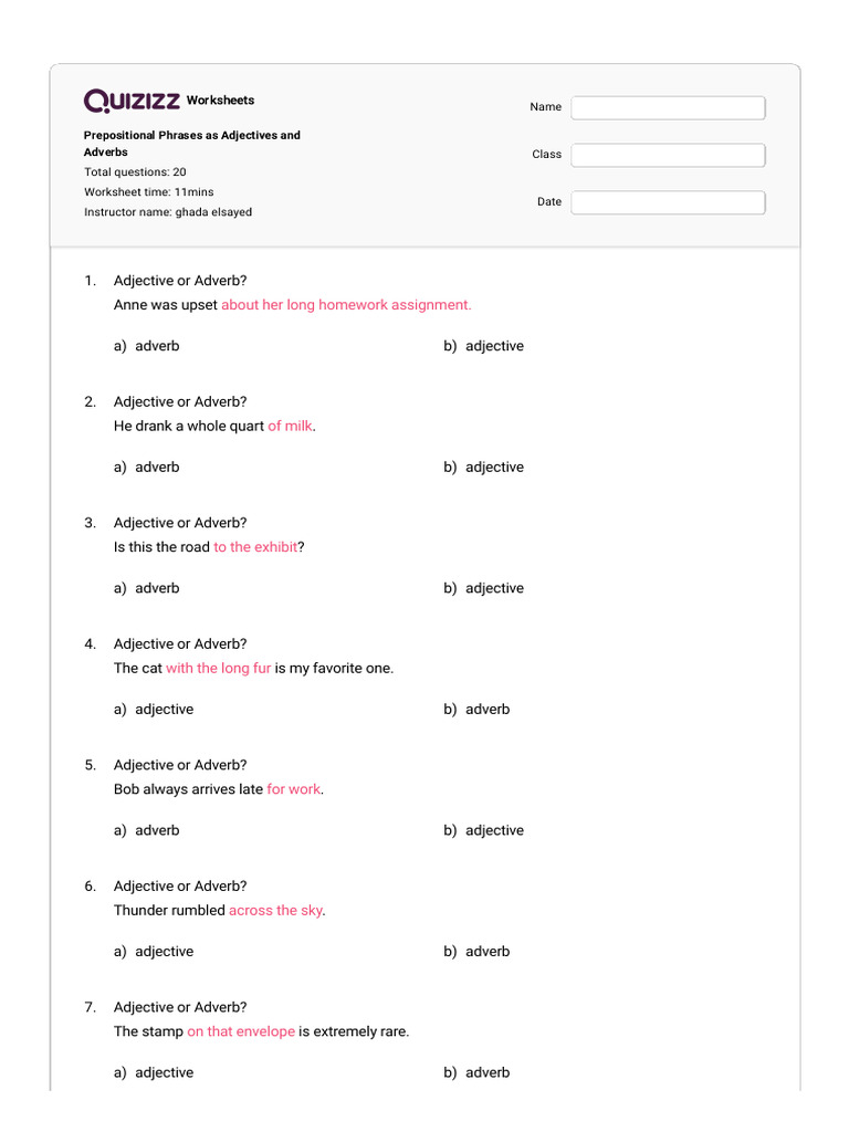 Prepositional Phrases As Adjectives and Adverbs - Quizizz | PDF ...