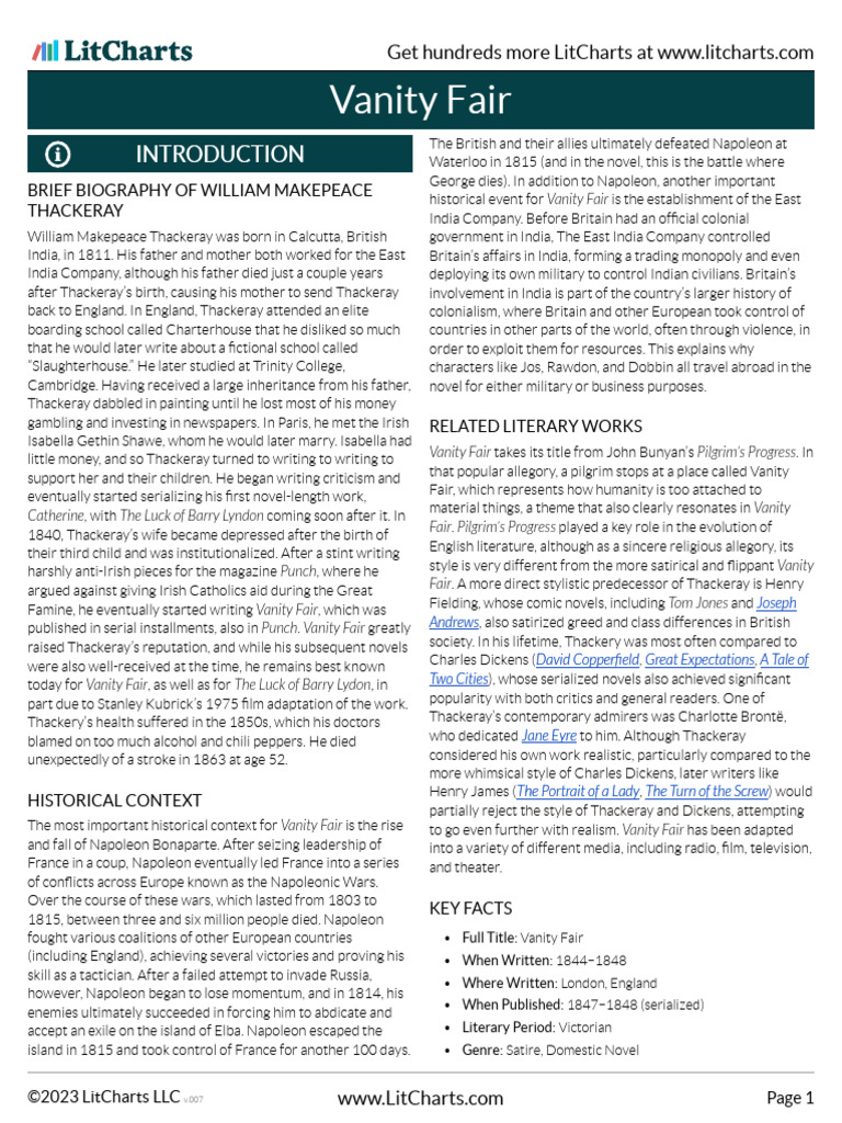 Vanity Fair LitChart | PDF | Vanity Fair (Novel) | William Makepeace Thackeray