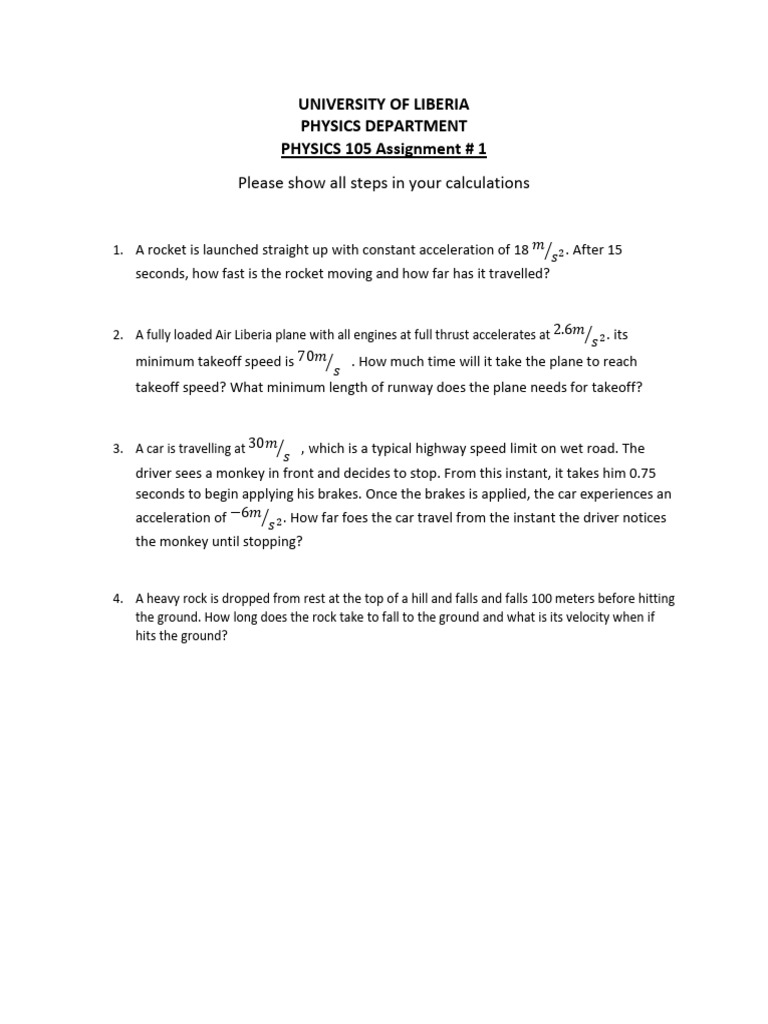 Physics 105 Assignment: Kinematics Problems | PDF