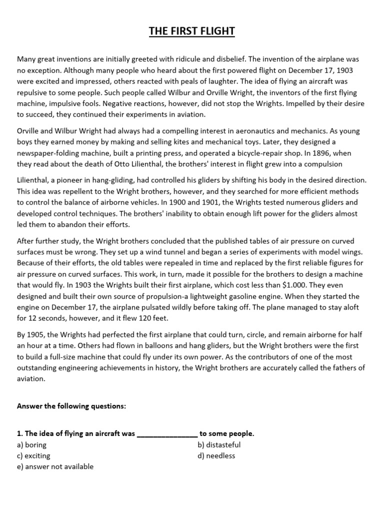 THE FIRST FLIGHT Comprehension Quiz | PDF | Wright Brothers | Aviation