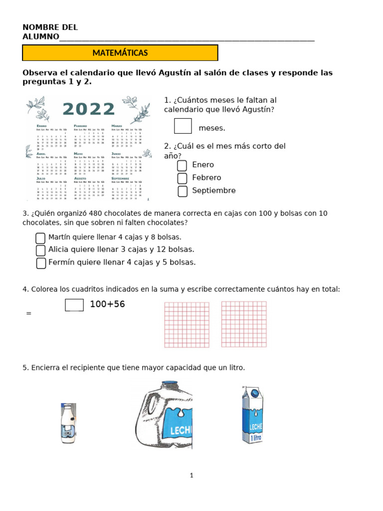 Examen Segundo Primaria | PDF