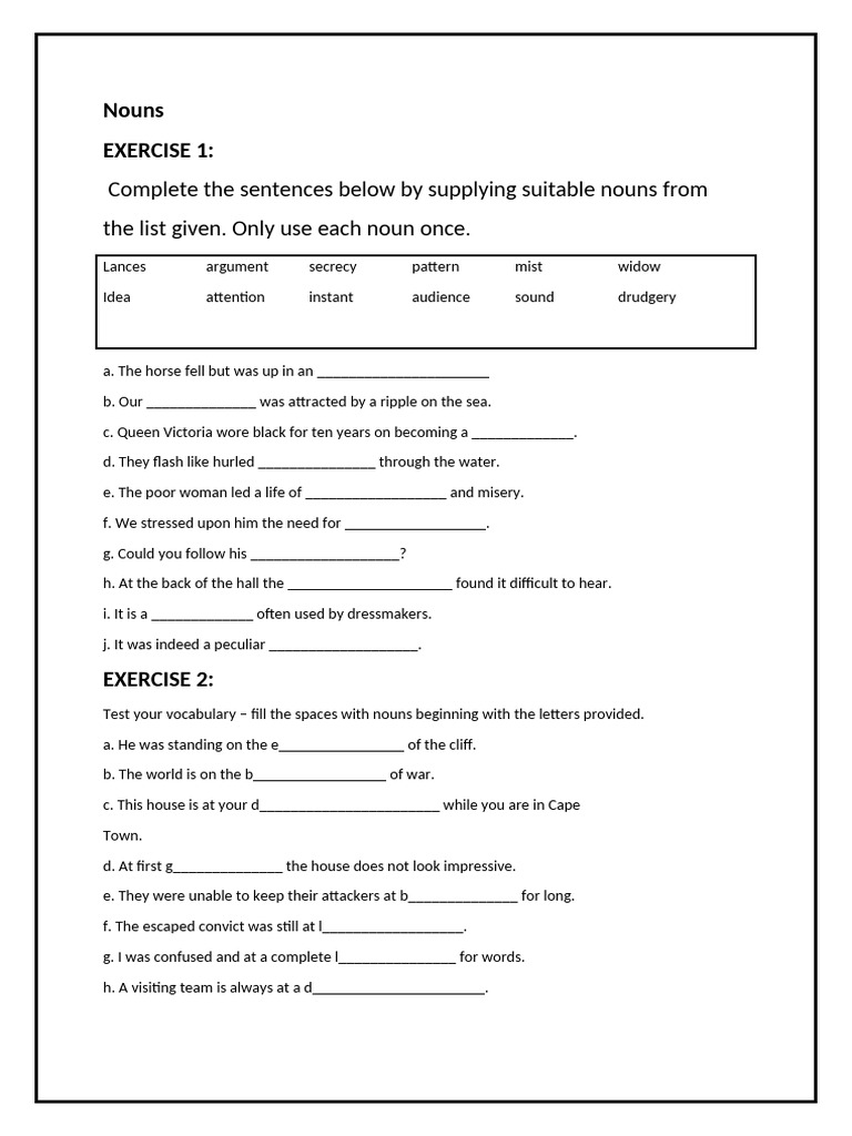 Noun worksheet grade 9 | PDF | Verb | Adjective