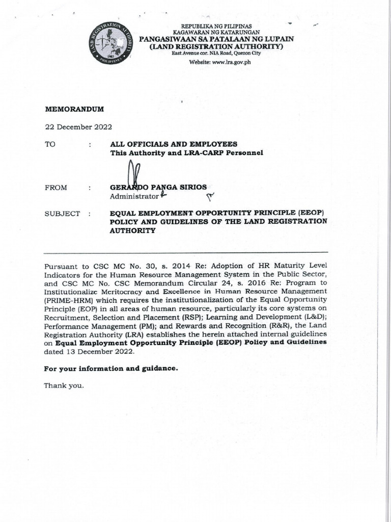 12 22 2022 EQUAL EMPLOYMENT OPPORTUNITY PRINCIPLE EEOP POLICY AND GUIDELINES OF THE LAND ...