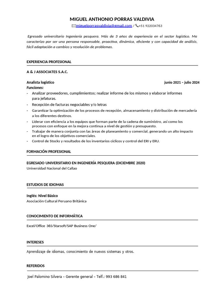Curriculum Vitae Miguel Anthonio Porras Valdivia | PDF
