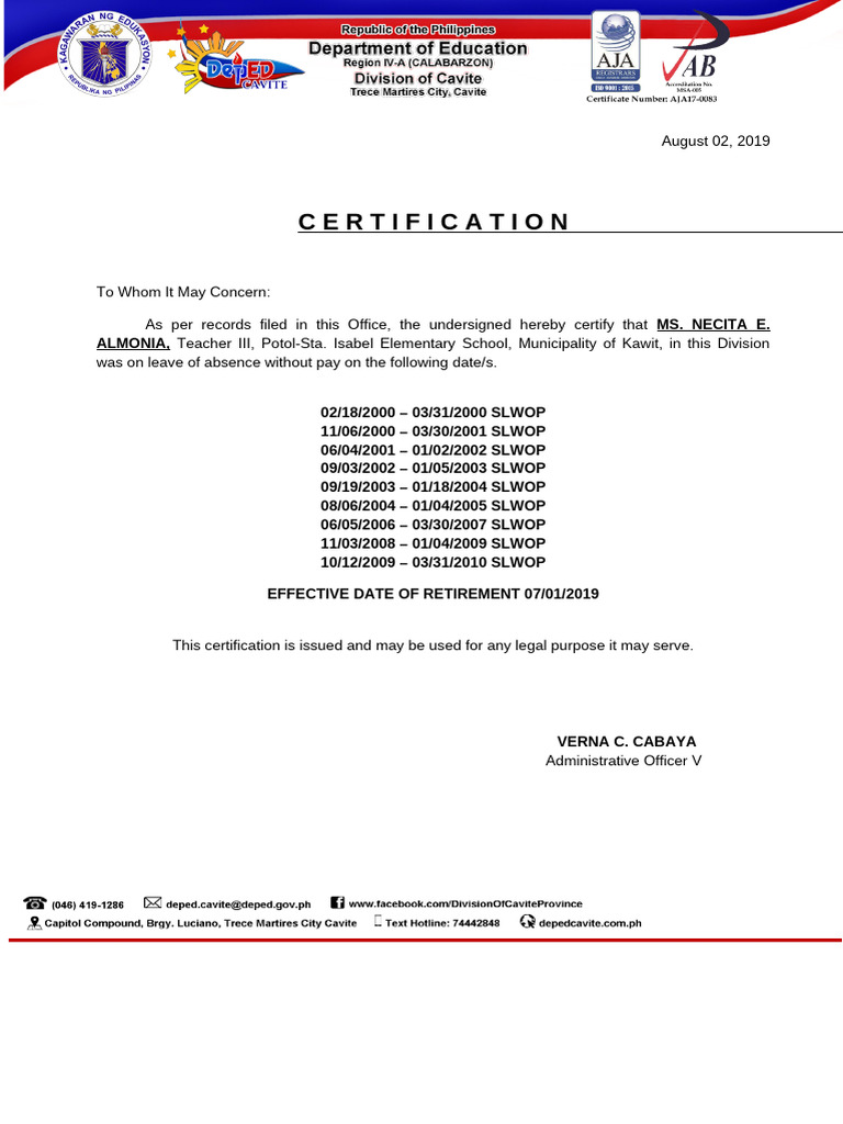 Certificate of Long Leave | PDF