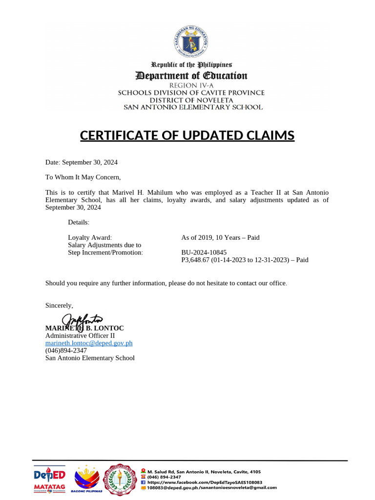 Certificate of Updated Claims | PDF | Business | Labor