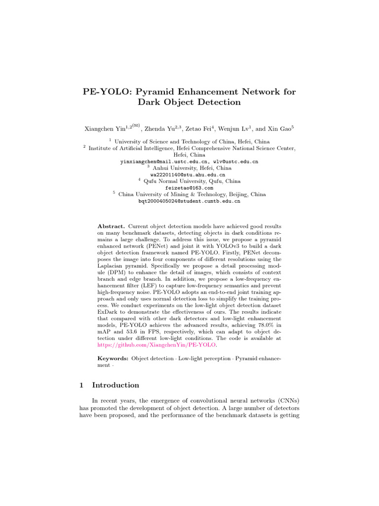 Pe Yolo：用于夜间目标检测的金字塔增强网络 | PDF | Artificial Intelligence | Intelligence (AI) & Semantics