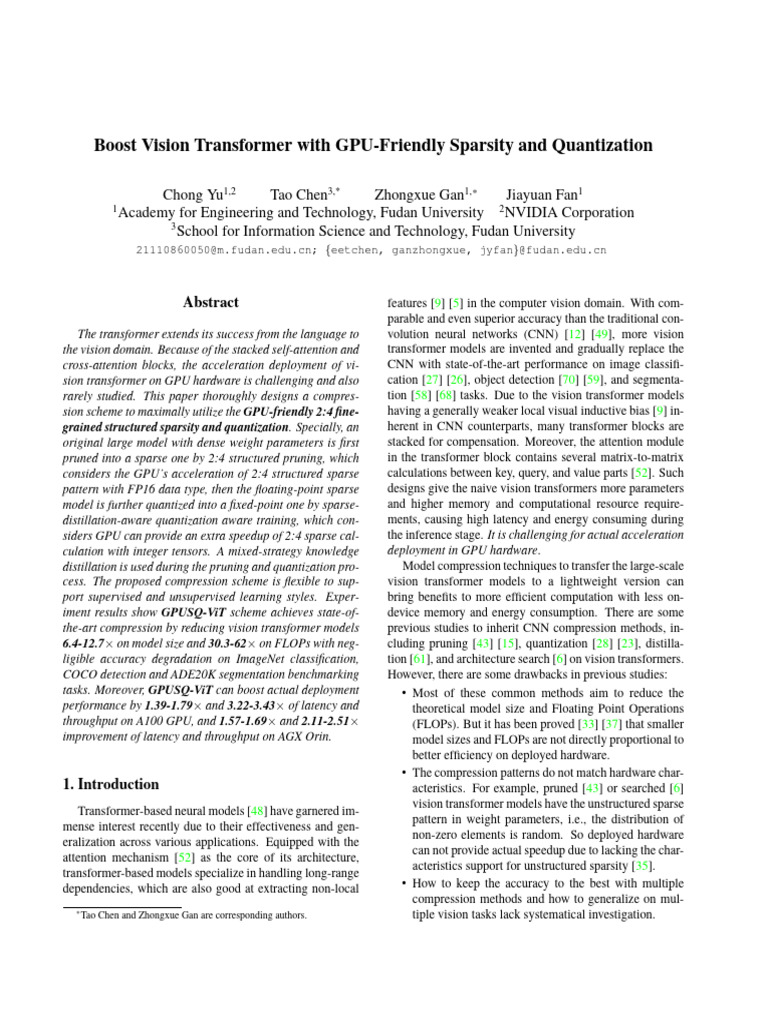 GPU友好稀疏量化Boost Vision Transformer | PDF | Data Compression | Computing