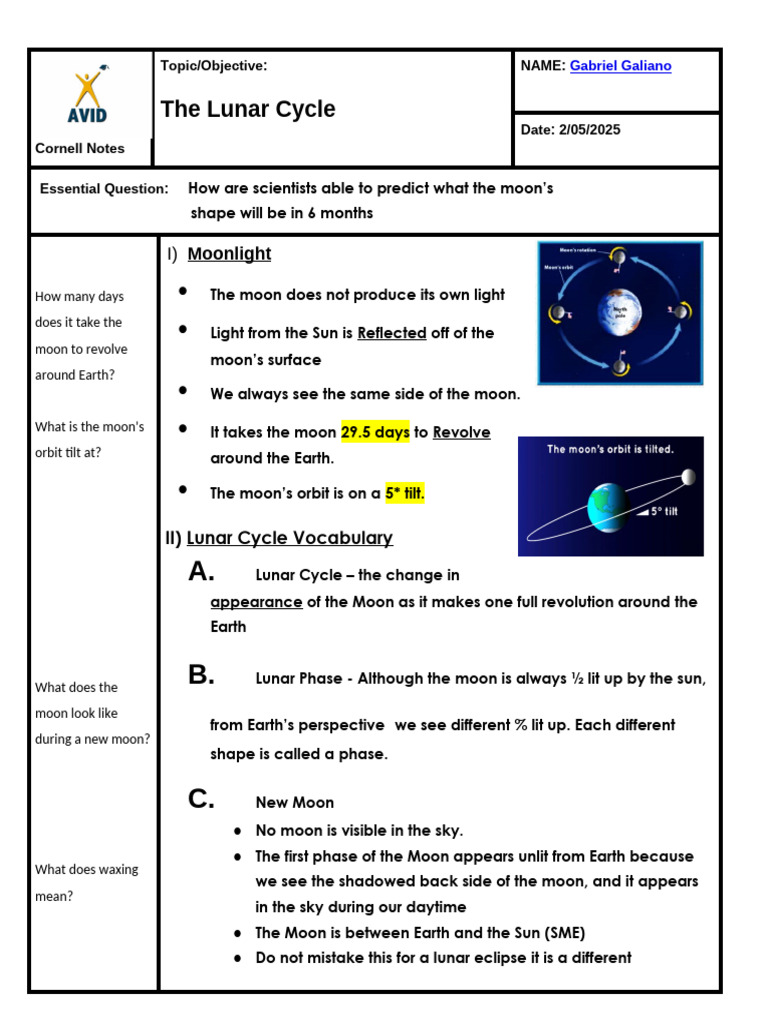 Lunar Phases Student Notes | PDF | Moon | Lunar Science