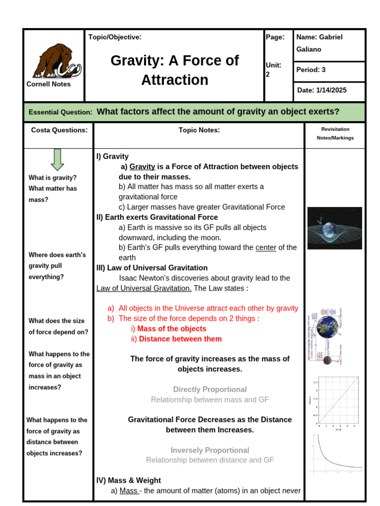 Poole Digital Cornell Notes Template | PDF | Gravity | Force