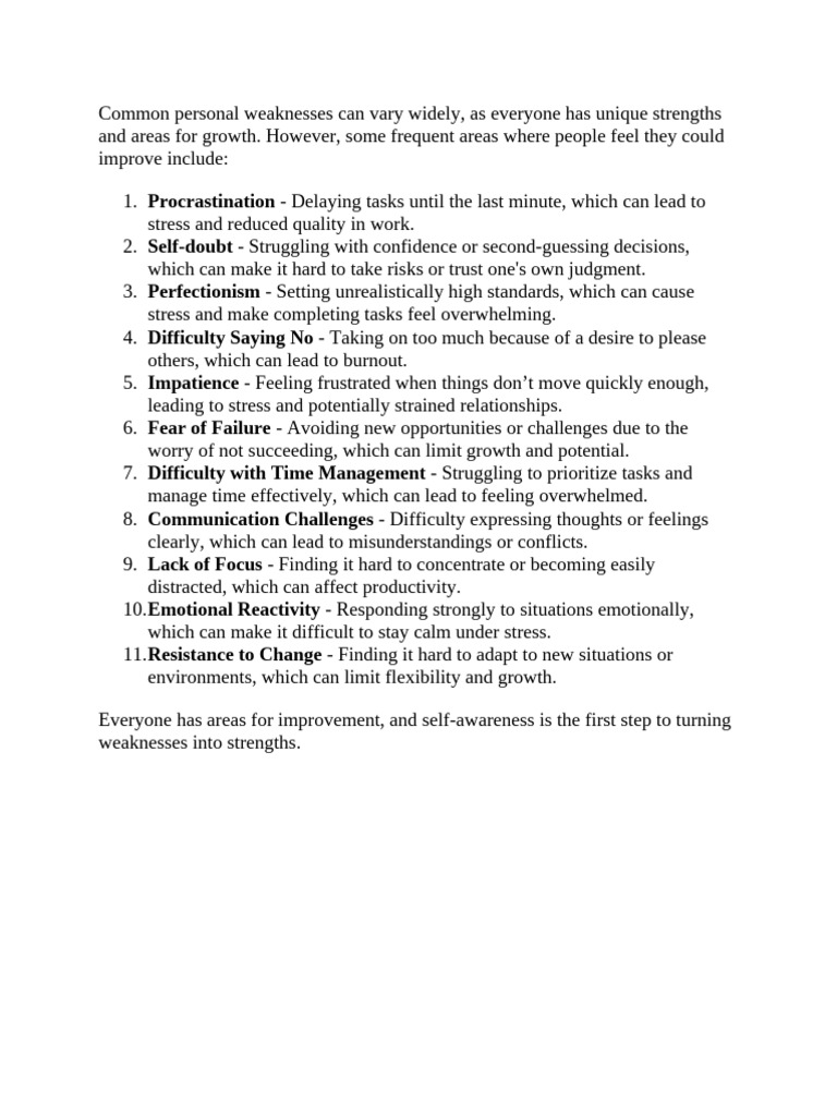 Common Personal Weaknesses Can Vary Widely | PDF | Psychological ...