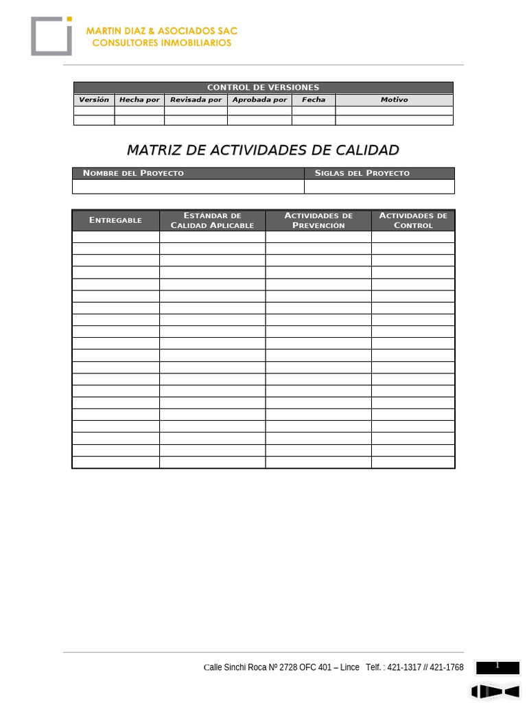Calidad - Matriz de Actividades de Calidad | PDF