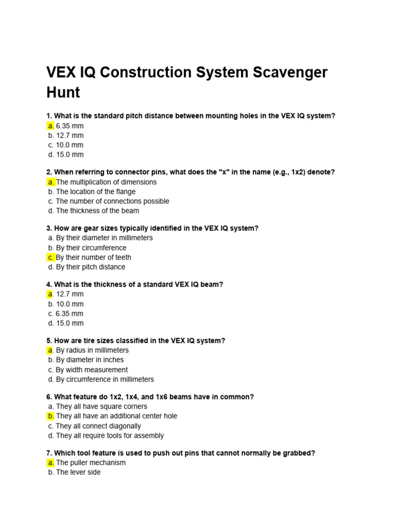 VEX IQ Construction System Scavenger Hunt | PDF | Gear | Manufactured Goods