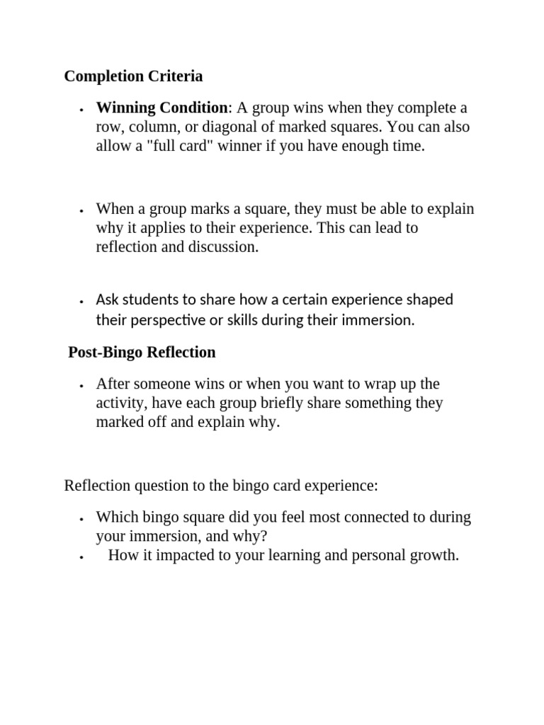 Reflection Question To The Bingo Card Experience | PDF