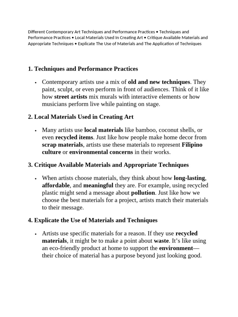 Short Summary Different Contemporary Art Techniques and Performance Practices | PDF