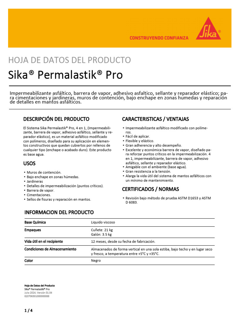 Sika Permalastik Pro: Impermeabilizante 4 en 1 | PDF | Adhesivo | Agua