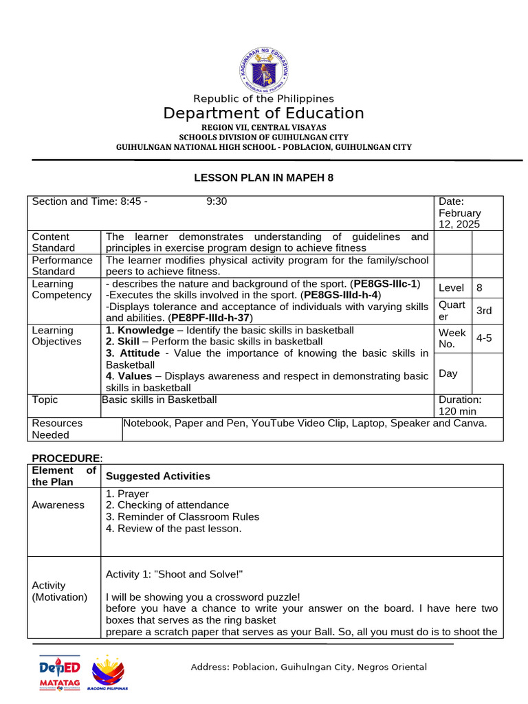 MAPEH 8 Lesson Plan: Basketball Skills | PDF | Learning | Cognition