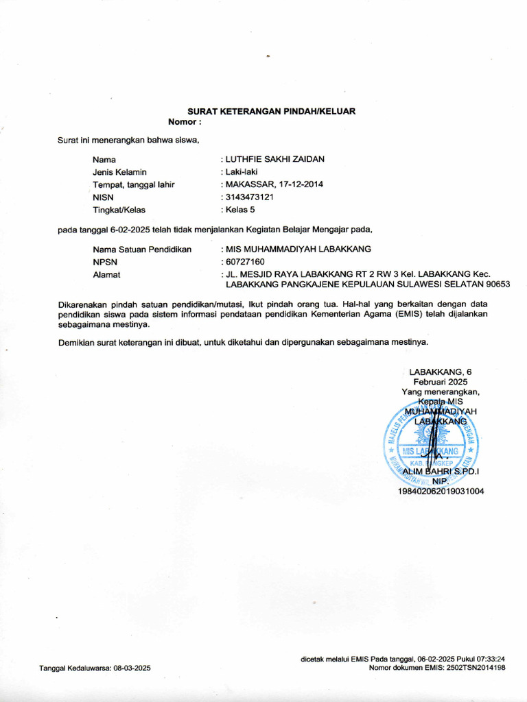 Surat Mutasi Zidan | PDF