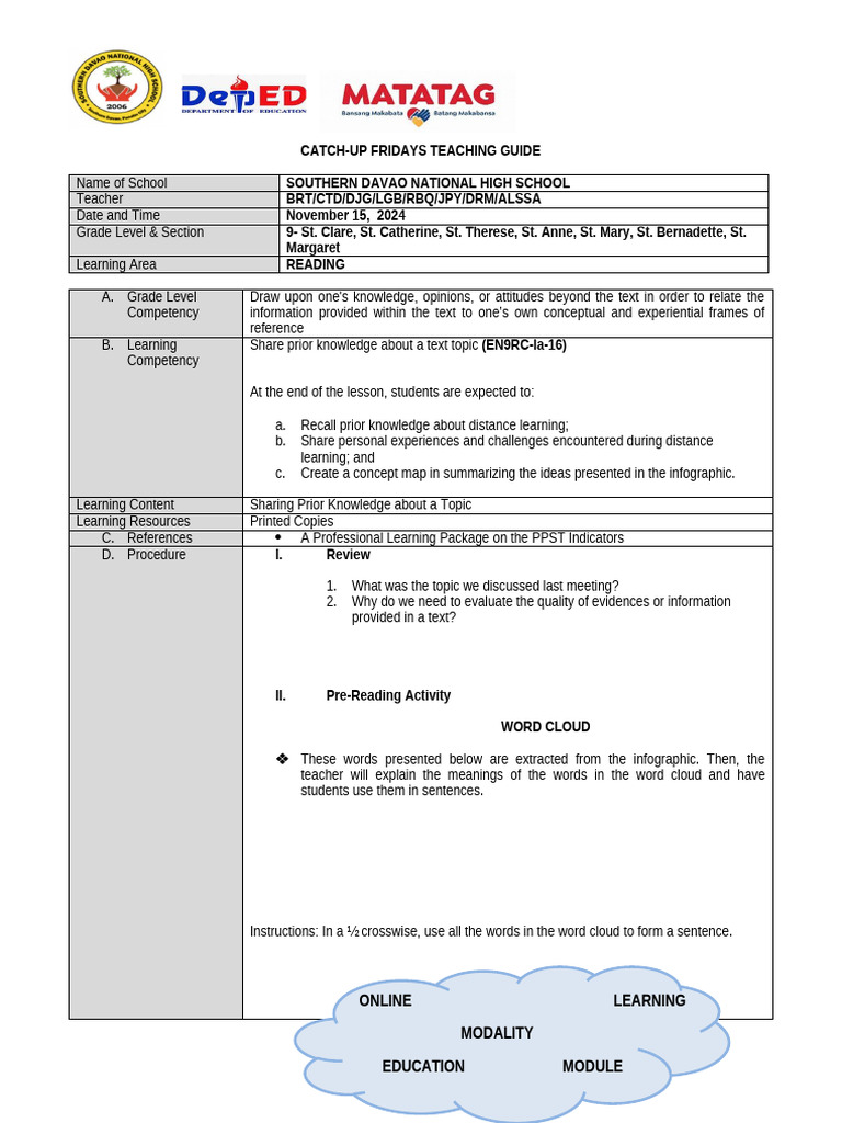 4-Catch-Up-Friday-Lesson-Plan-for-Reading-G9 | PDF | Distance Education ...