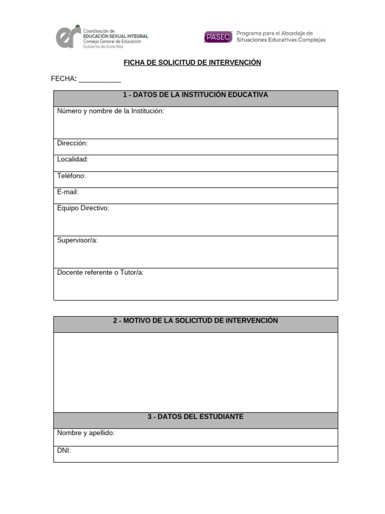 2023 - Ficha de Solicitud de Intervención - Pasec 2022-2023 | PDF