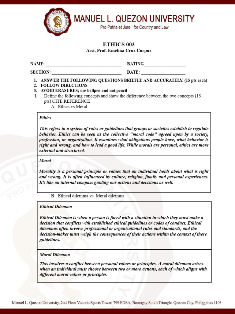 Ma - Louisa Pascua - V1.Ethics 003 Prelim Exam | PDF | Morality | Social Psychology