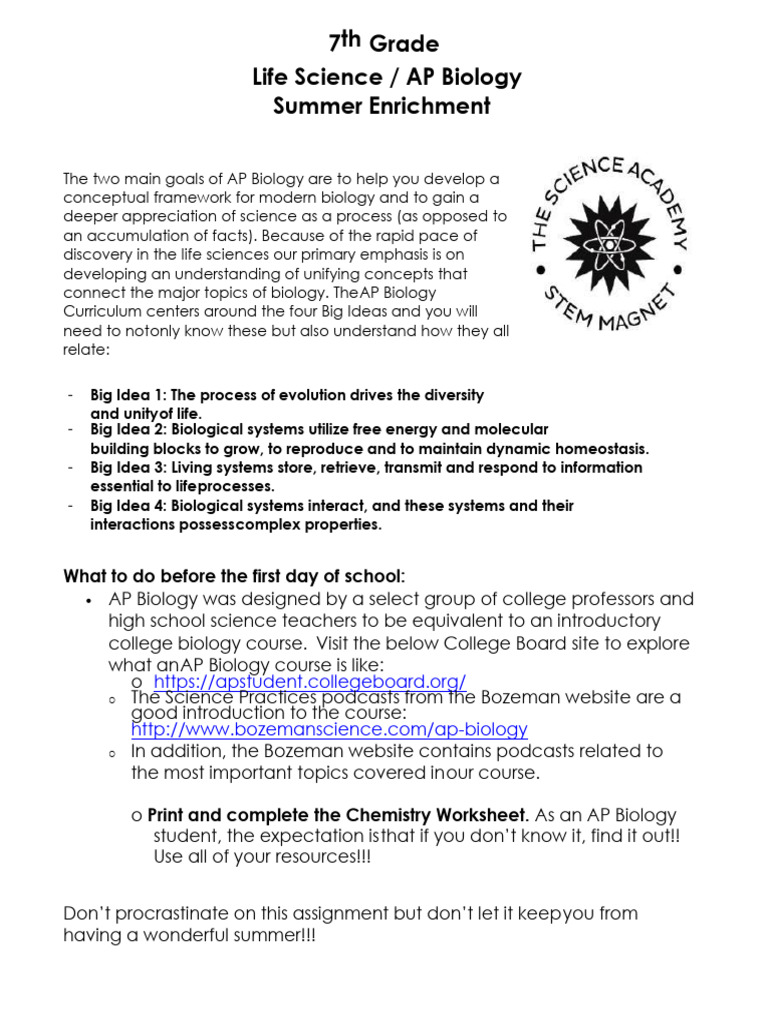 AP Biology Summer Enrichment Guide | PDF | Chemical Bond | Covalent Bond
