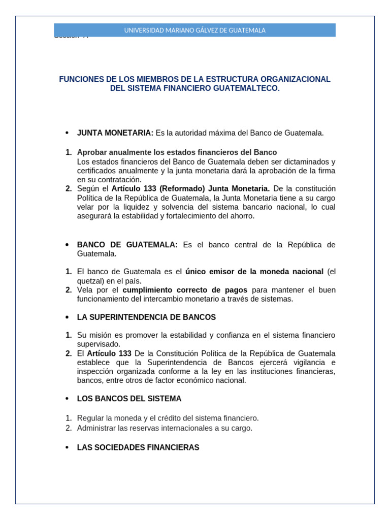 Funciones Del Sistema Financiero Guatemalteco | PDF | Bancos | Sistema financiero