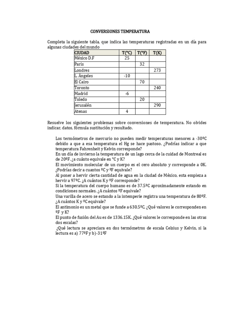 Conversiones de Temperatura: Ejercicios y Soluciones | PDF