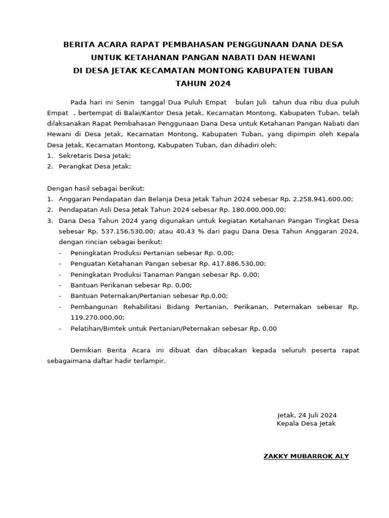 Ba. Rapat Penggunaan DD Ketahanan Pangan 2024 | PDF