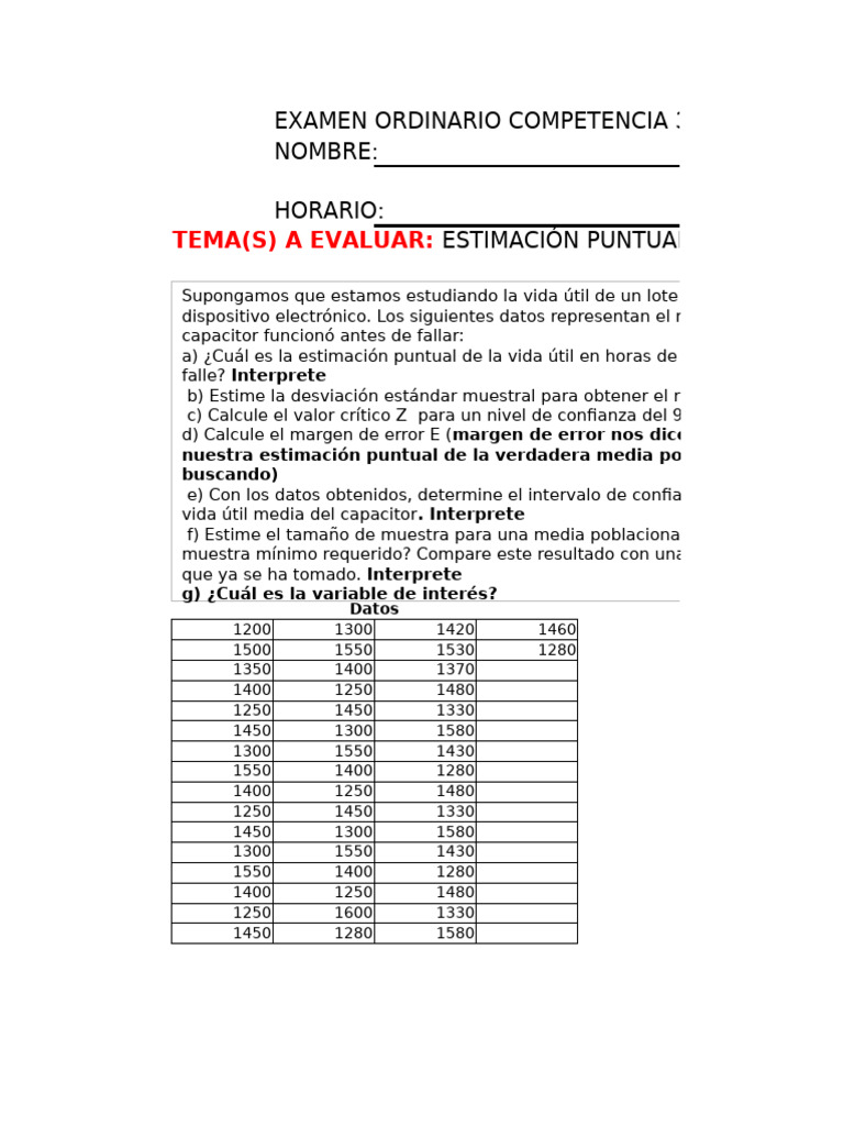 Examen de Estadística: Intervalos y Muestras | PDF | Intervalo de confianza | Muestreo ...