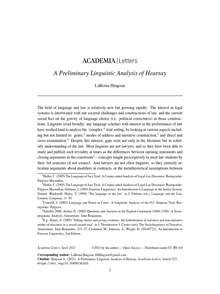 A Preliminary Linguistic Analysis of Hea | PDF | Hearsay | Truth