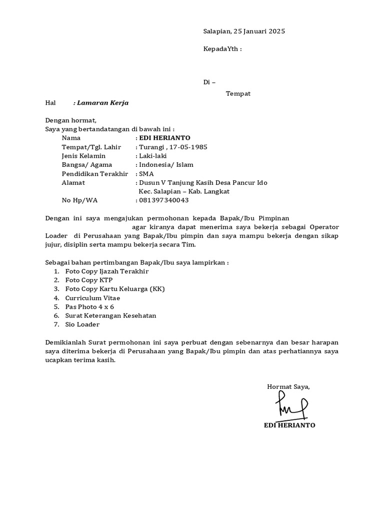 LAMARAN KERJA EDI HERIANTO | PDF