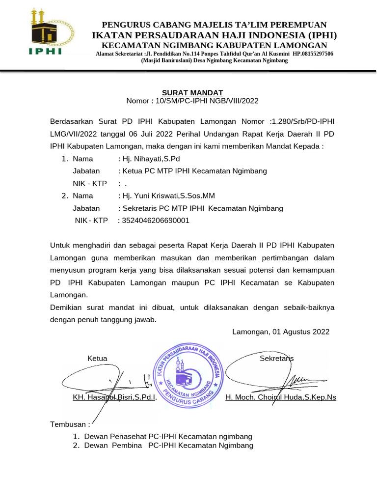 Surat Mandat Rakerda Ii Tahun 2022 Iphi MTP | PDF