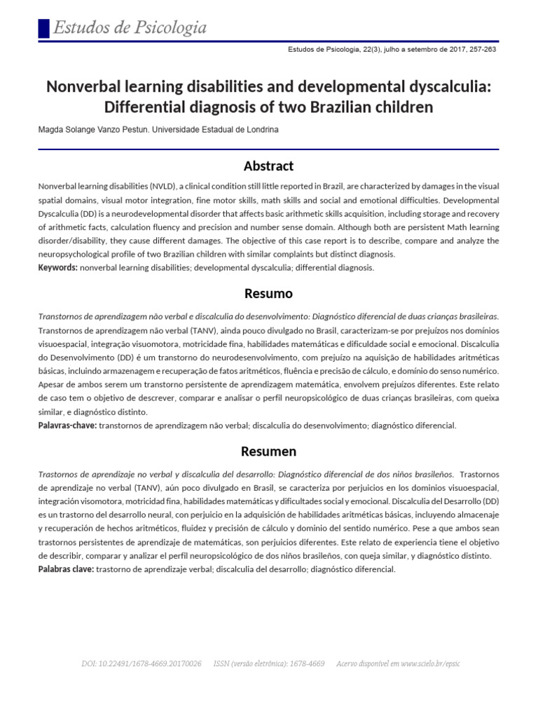 Artigo - Nonverbal Learning Disabilities and Developmental Dyscalculia ...