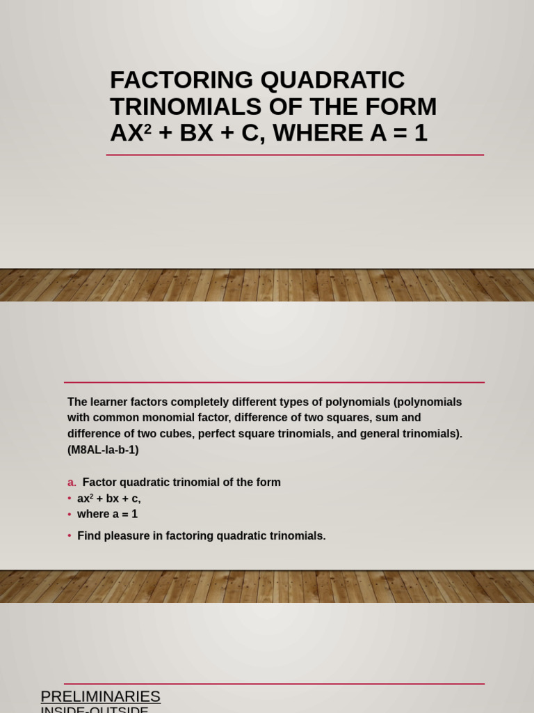 Factoring Quadratic Trinomials A=1 | PDF