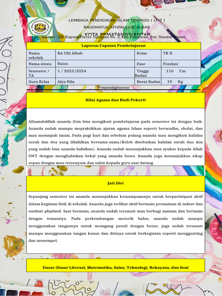 Rapor PAUD Kurikulum Merdeka (Contoh 9) | PDF