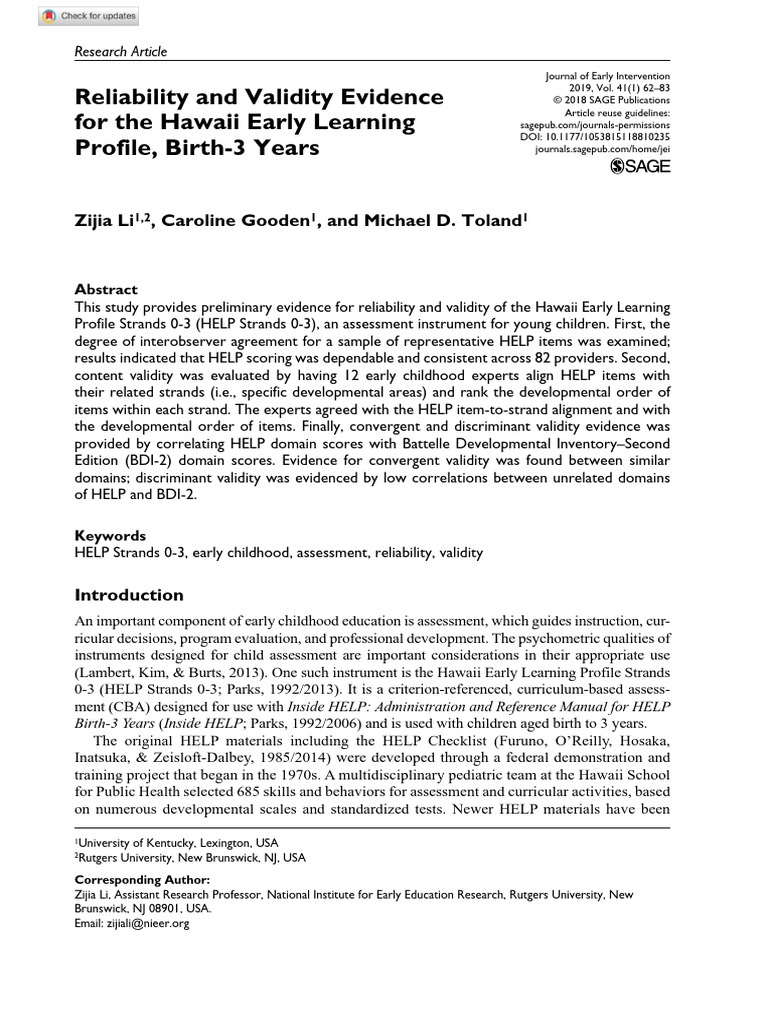 Li Et Al 2018 Reliability and Validity Evidence For The Hawaii Early ...