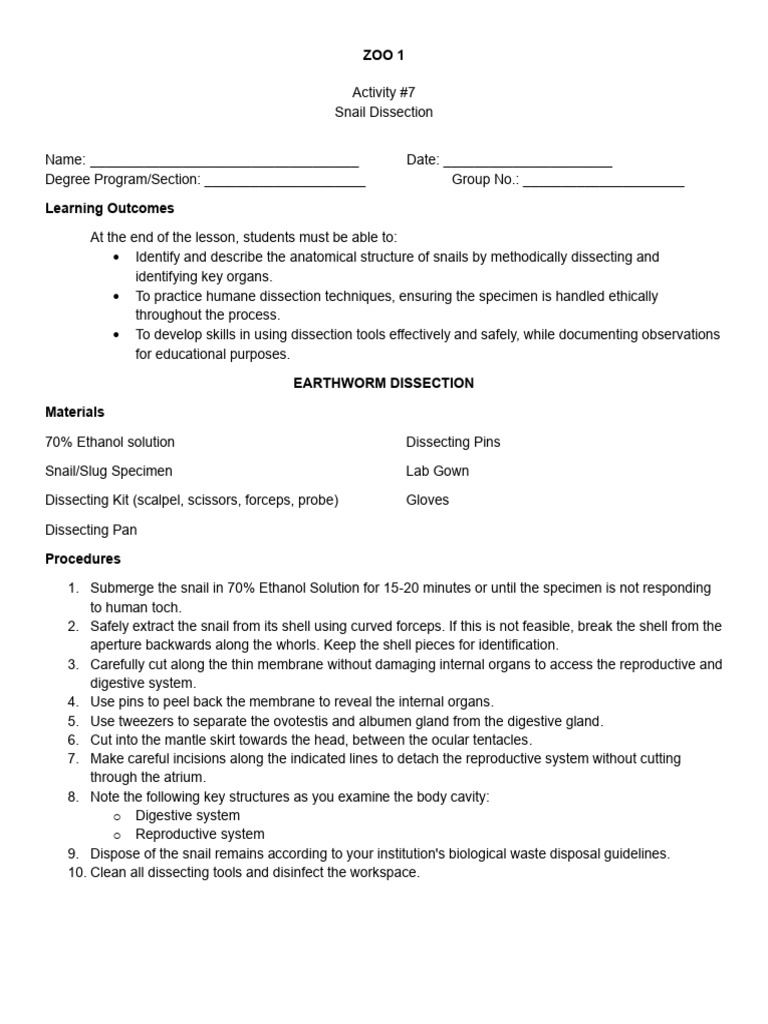 ZOO-1 Act7 SnailDissection | PDF | Anatomy | Biology