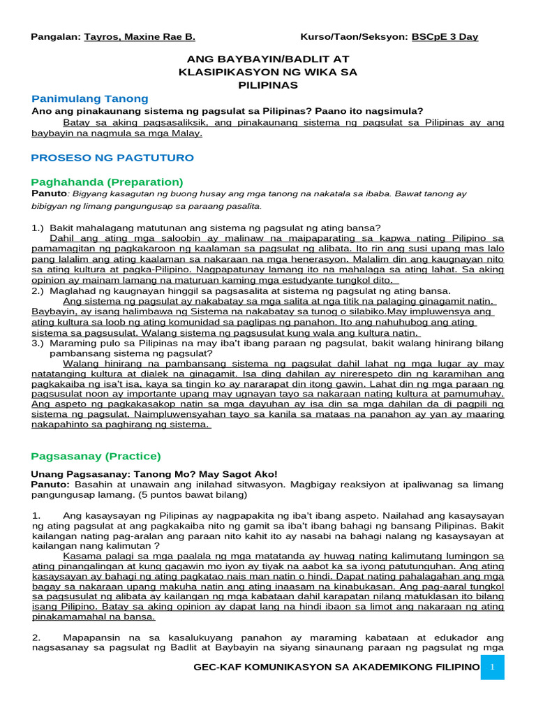 Panimulang Tanong: Ang Baybayin/Badlit at Klasipikasyon NG Wika Sa Pilipinas | PDF